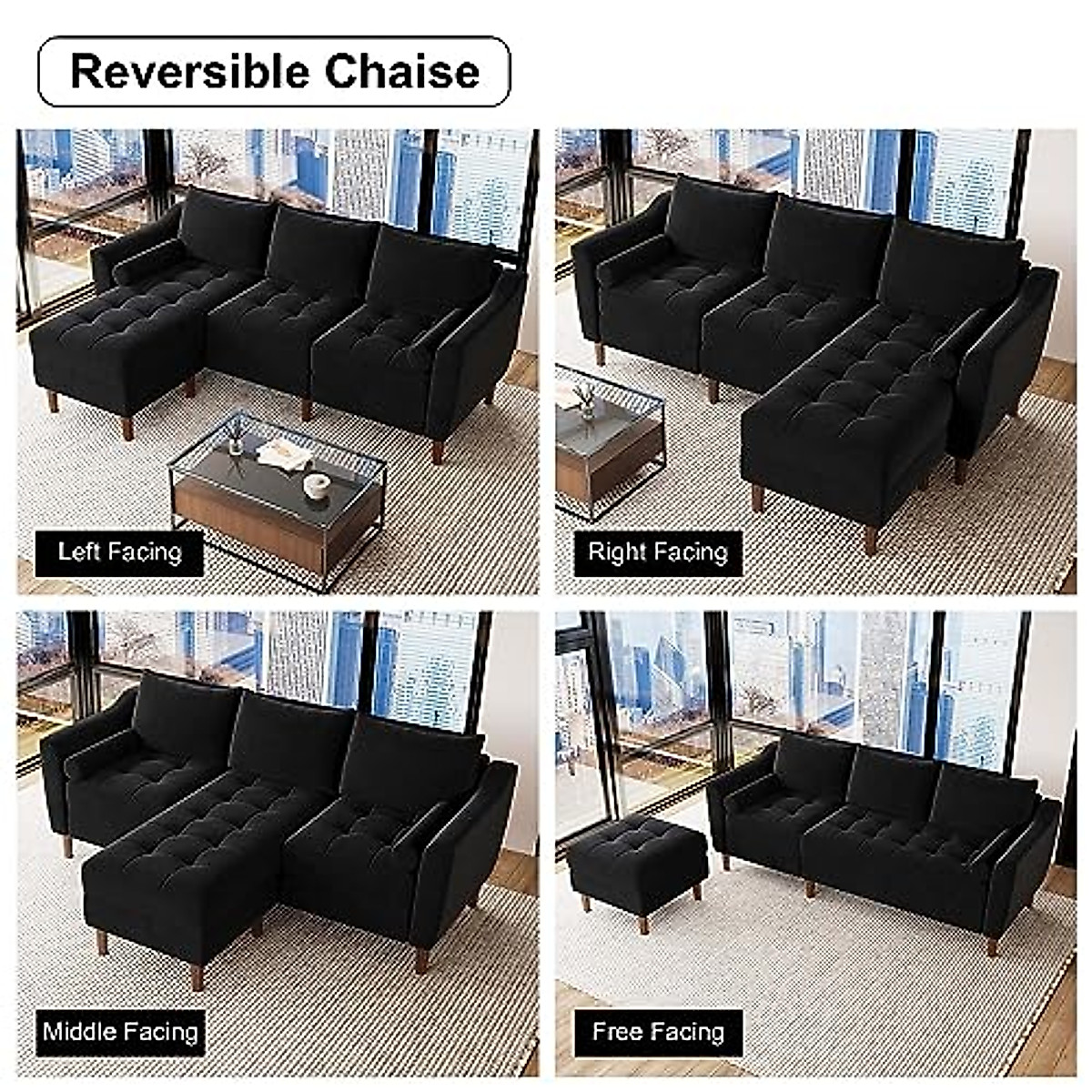Belffin Black Velvet L Shaped Sectional Couch Small Convertible Couch Sectional Sofa 3-Seater Sofa Sectional with Reversible Chaise Ottoman for Apartment and Small Space