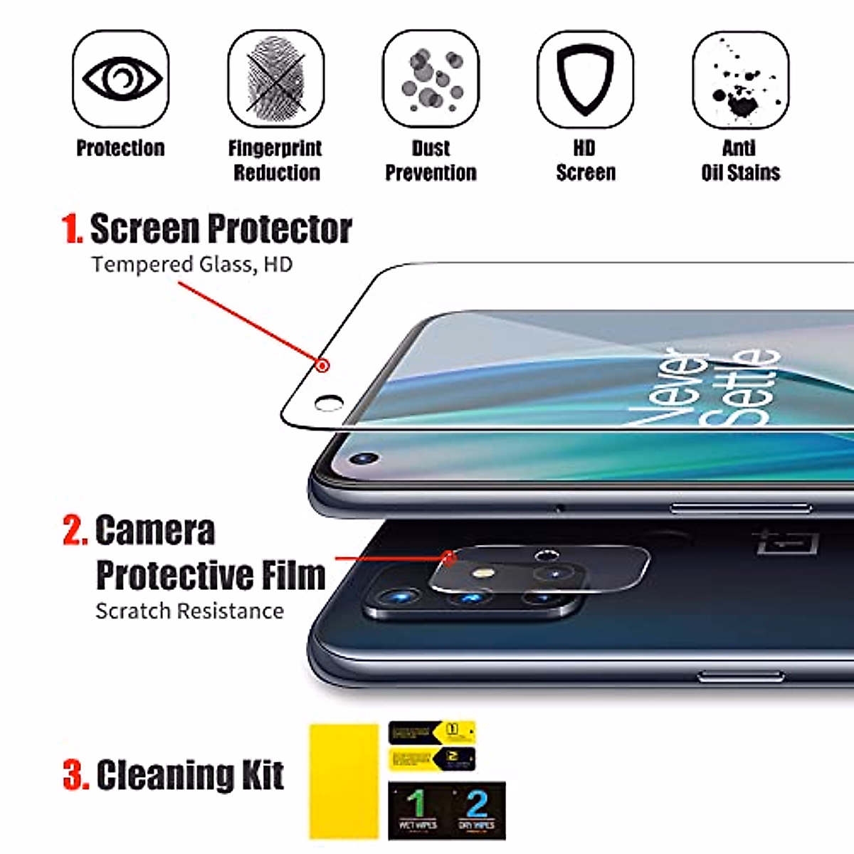 Jusy [3p] Oneplus Nord N10 5G Case & Tempered Glass Screen Protector & Camera Protector for 1+ Nord N10, Protective Case with Rotate Holder Kickstand and Magnetic Plate for Oneplus Nord N10 (Black)