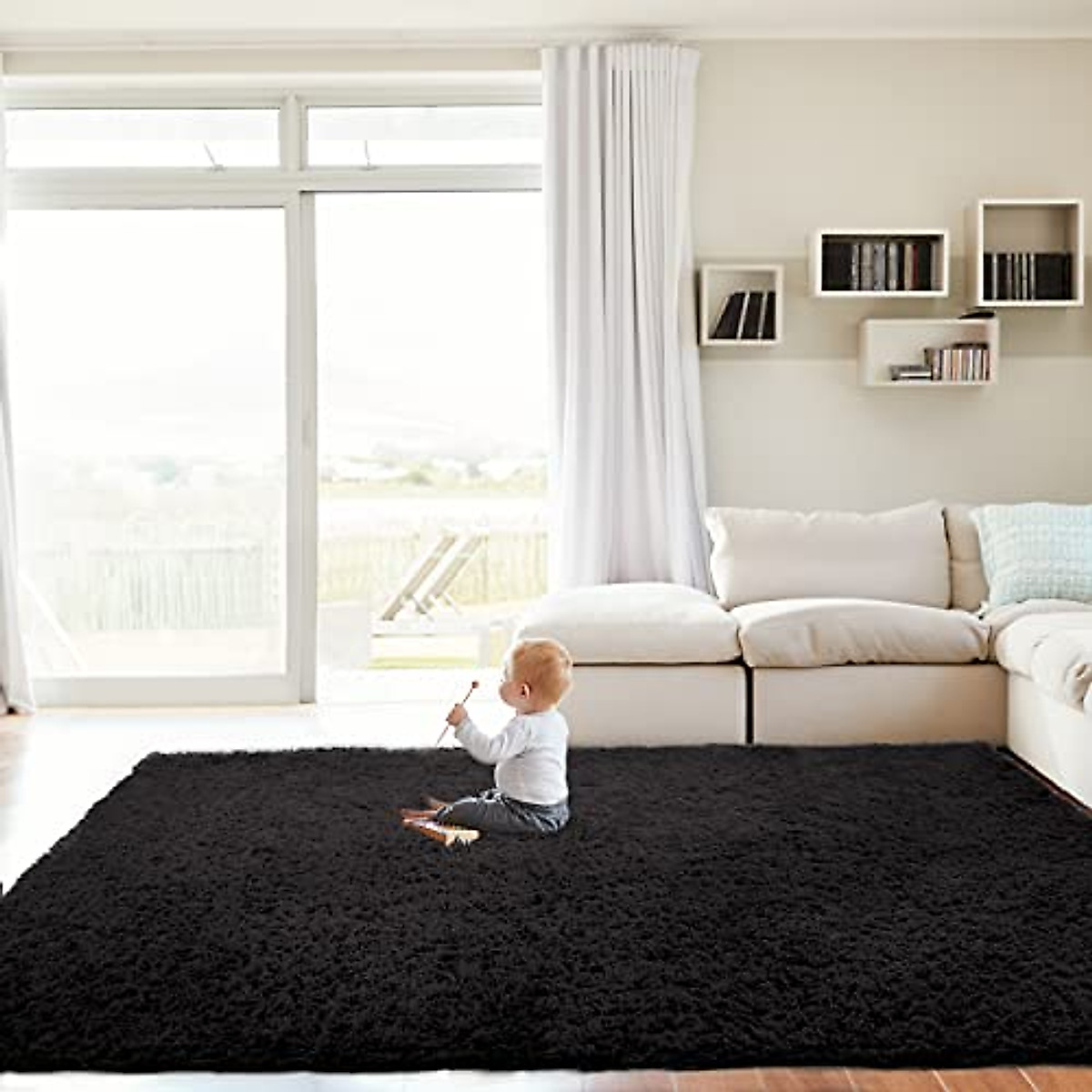 HOMBYS Shaggy Area Rug 8x10 Feet, Ultra Soft Large Plush Faux Fur Carpet, Non-Skid Bedroom Living Room Rug for Kids Playroom Home Decor, Black