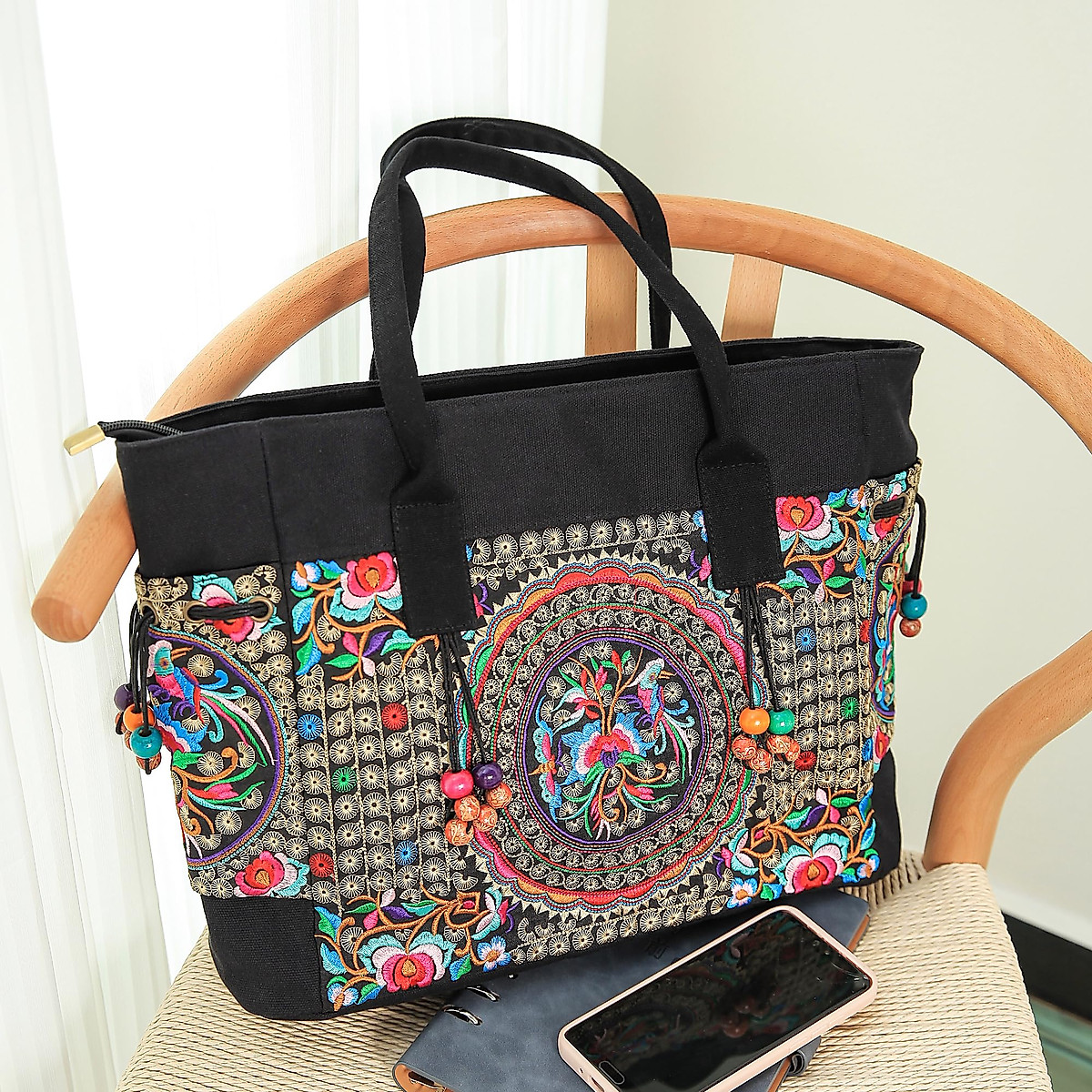 Embroidered Canvas Top Handle Handbag, Ladies Casual Vintage Shoulder Bag Fashion Tassels Handbag (Golden Flower)