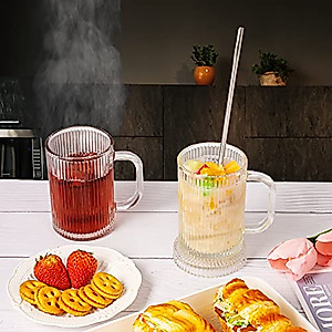 Glass Coffee Mugs Clear Mug - 14 Oz Ribbed Mugs with Straw Spoon Classical Vertical Stripes Glass Tea Cups With Lids Set of 4 - Elegant Lovely Gifts for Anniversary Weddings Christmas Birthday