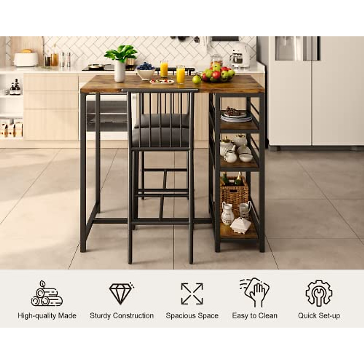 Gizoon Bar Table and Chairs Set for 2 with 3 Storage Shelves, Kitchen Counter Height Dining Table Set with Pu Cushion Chairs & Thick Wood Top for Breakfast, 3-Piece Modern Pub Table Set - Retro