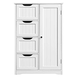 Yaheetech Wooden Floor Cabinet, Side Storage Organizer with 4 Drawers and 1 Cupboard, Freestanding Entryway Storage Unit Console Table, Bathroom Furniture Home Decor, White