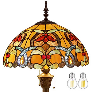 WERFACTORY Tiffany Floor Lamp Orange Liaison Stained Glass Standing Reading Light 16X16X64 Inches Antique Pole Corner Lamp Decor Bedroom Living Room Home Office S617 Series