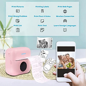 HuiJuKeJi Mini Sticker Printer Bluetooth Smart Pocket Inkless Thermal Printer with 10 Rolls Thermal Paper and Sticker for iOS&Android, Portable Receipt Printer for Photo Journal Notes Memo - Pink
