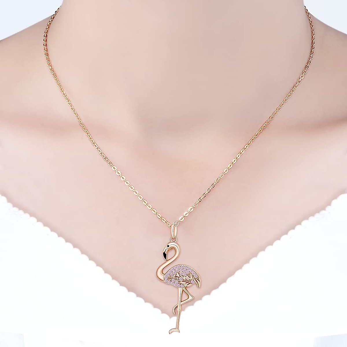 Flamingo Necklace 925 Sterling Silver Animal Bird Rose Gold Plated Crystal Jewelry Pink Flamingo Necklaces for Women Christmas Holiday Gifts