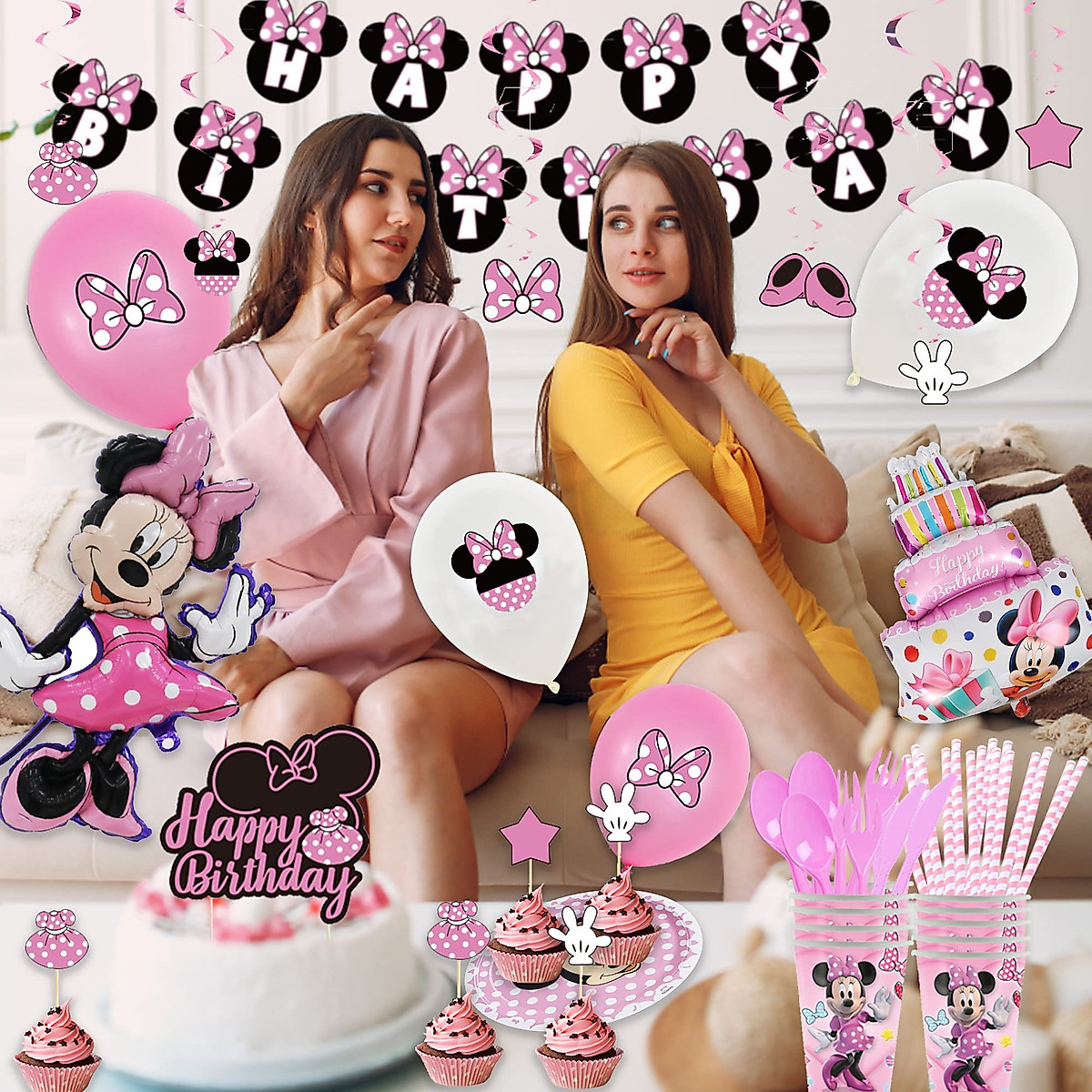 206 Pcs Birthday Party Supplies Serves 20 Guests, Party Decorations with Mouse Banner, Cake Topper, Spoons, Fork, Knife, Napkins, Tablewear,Tablecover and Hanging Swirls