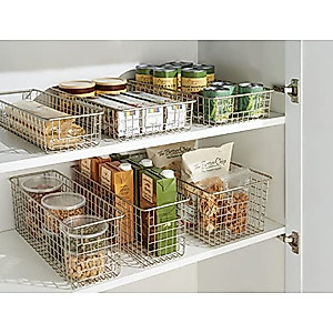 mDesign Metal Wire Food Storage Shallow Basket Organizer with Handles for Organizing Kitchen Cabinets, Pantry Shelf, Bathroom, Laundry Room, Closets, Garage - Concerto Collection - 4 Pack - Satin