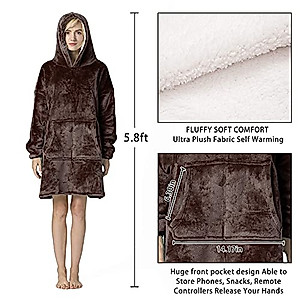 Tormays Oversized Flannel Blanket with Long Sleeves, Wearable and Cozy with Large Front Pocket, Sherpa Fleece Lining for Adults, Teens and Children (33 inch, Brown)