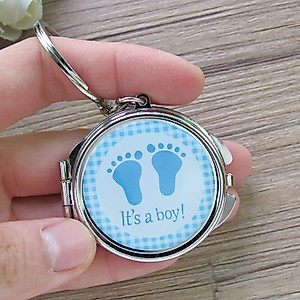 12 PCS Personalized Baby Shower Blue Boy Mirror Keychain Favors with Baby Footprint Design Custom Engraving Gift