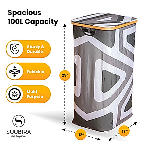 SUUBIRA Laundry Hamper with Lid – Dirty Clothes Hamper with Bamboo Handle – 100L Modern Hampers for Laundry – Collapsible Laundry Basket with Lid and Removable Mesh Bag