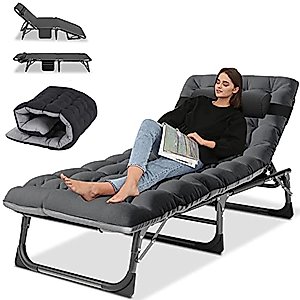 LILYPELLE Folding Outside Chaise Lounge Chair with Mattress, 5 Position Adjustable Patio Folding Lounge Chair Reclining Chairs Perfect for Sunbathing, Camping, Pool, Beach, Patio