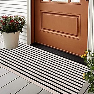 LEEVAN Black and White Striped Outdoor Rug Runner 24"x51" Layering Doormat Farmhouse Front Porch Rug Cotton Woven Washable Throw Carpet for Hallway/Front Steps/Bathroom/Kitchen/Home Entrance
