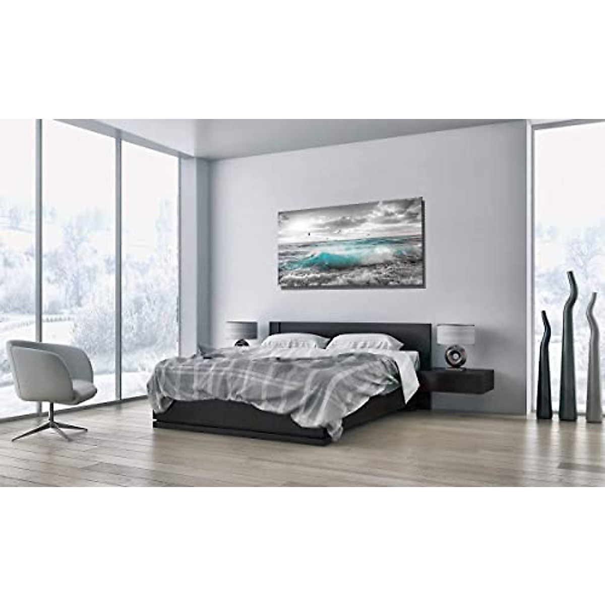 Framed Wall Art Canvas Ocean Decor Beach Theme Bedroom Large Sunset Blue Ocean Waves Seagulls Panels for Interior Bathroom Wall Décor Scenery Bed Dining Room Peel And Stick Decorative 24"x48"