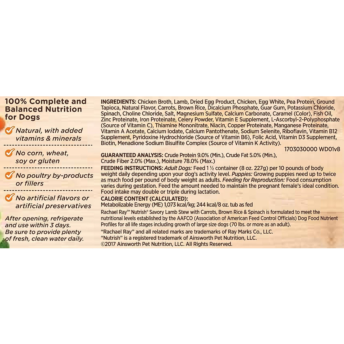 Rachael Ray Nutrish Premium Natural Wet Dog Food, Savory Lamb Stew Recipe, 8 Ounce Tub