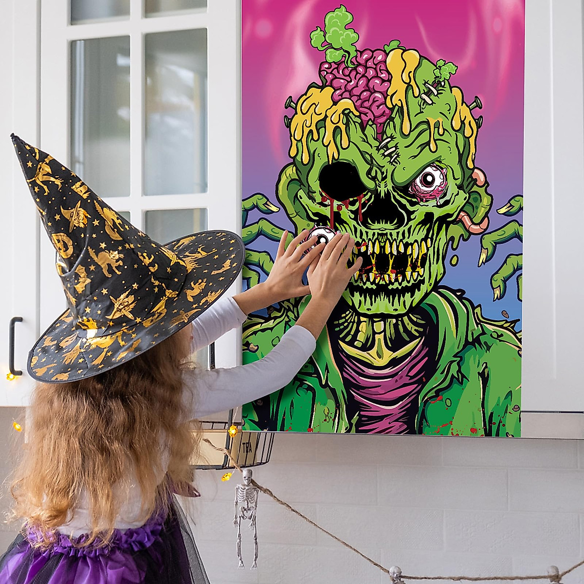 Hxezoc Pin The Eyeball On The Zombie Game with 24 Pcs Eyeballs Stickers, Halloween Pin The Tail Scary Zombie Party Games for Kids Halloween Party Birthday Party Supplies