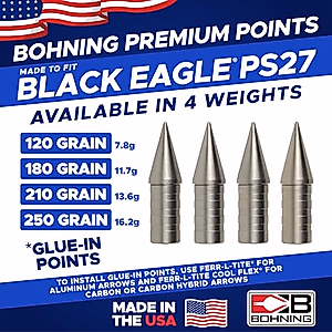 Bohning Match Grade Glue-in Points for Black Eagle® PS27, 250 Grain, 12pk