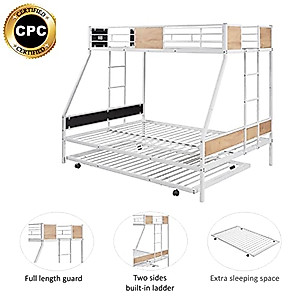 Twin Over Full Bunk Bed Frame with Trundle, Metal Bunkbed with Sturdy Guard Rail and Ladder for Girls/Boys/ Adults, No Box Spring Needed, Noise Free for Dorm, Bedroom, Guest Room (White)