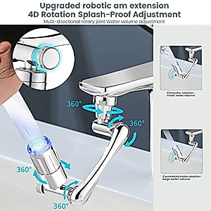Faucet Extender, 1440° Rotating Faucet Extender for Bathroom Sink with 3 Mode LED Light, Universal Robotic Arm Swivel Faucet Aerator attachment with Adjustable Knobs Splash Filter Kitchen Tap