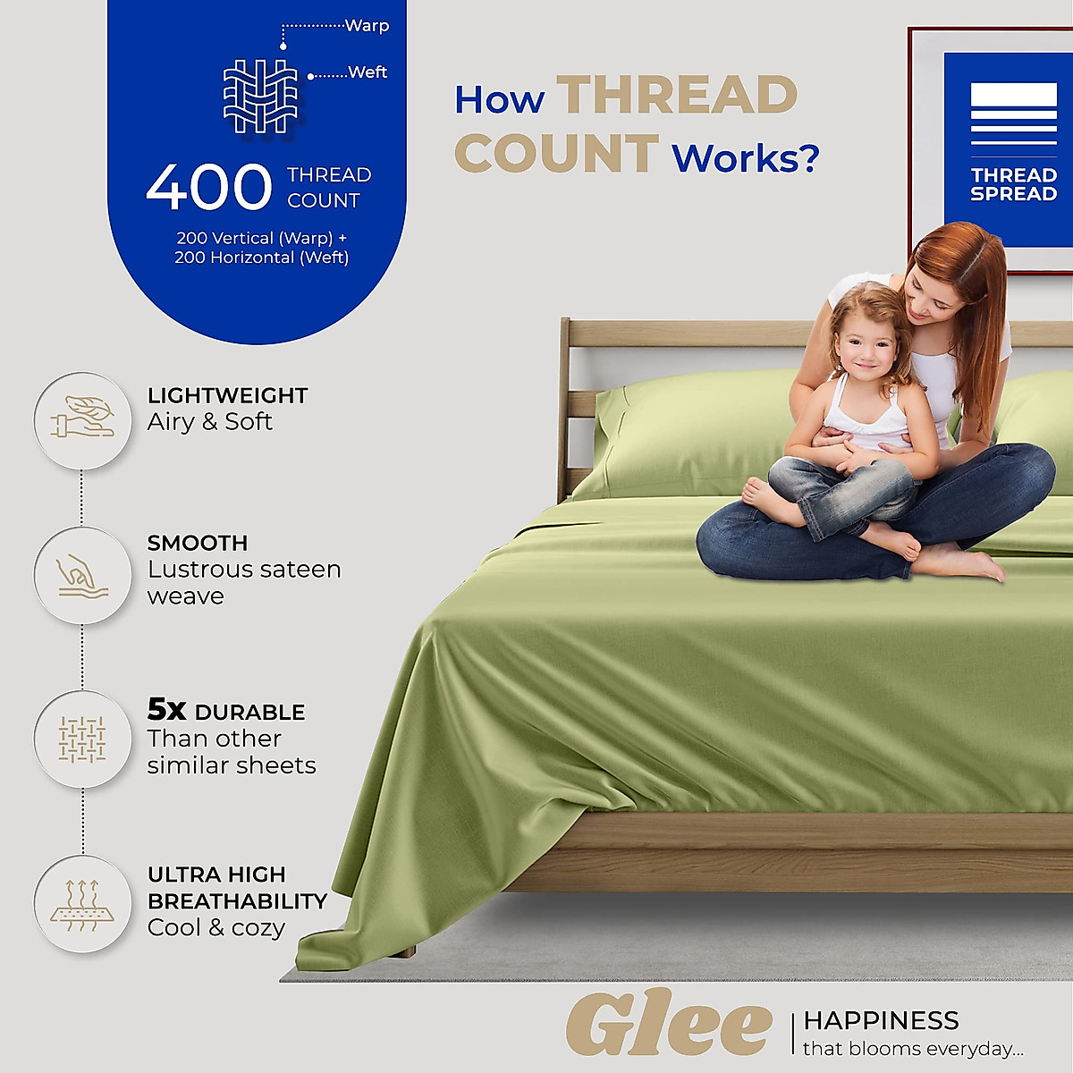 THREAD SPREAD Cotton Full Size Sheet Sets - 400 Thread Count 4 PC 100% Cotton Bed Sheets, 16” Deep Pocket Full Size Sheets Cotton, Soft, Sateen Cooling Full Sheet Set, Luxury Hotel Sheets (Sage Green)