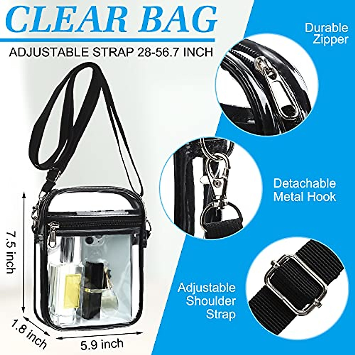 2 Pcs Clear Crossbody Purse Bag Stadium Approved Bag Transparent Shoulder Bag for Sports Games Concerts and Festivals (Black)