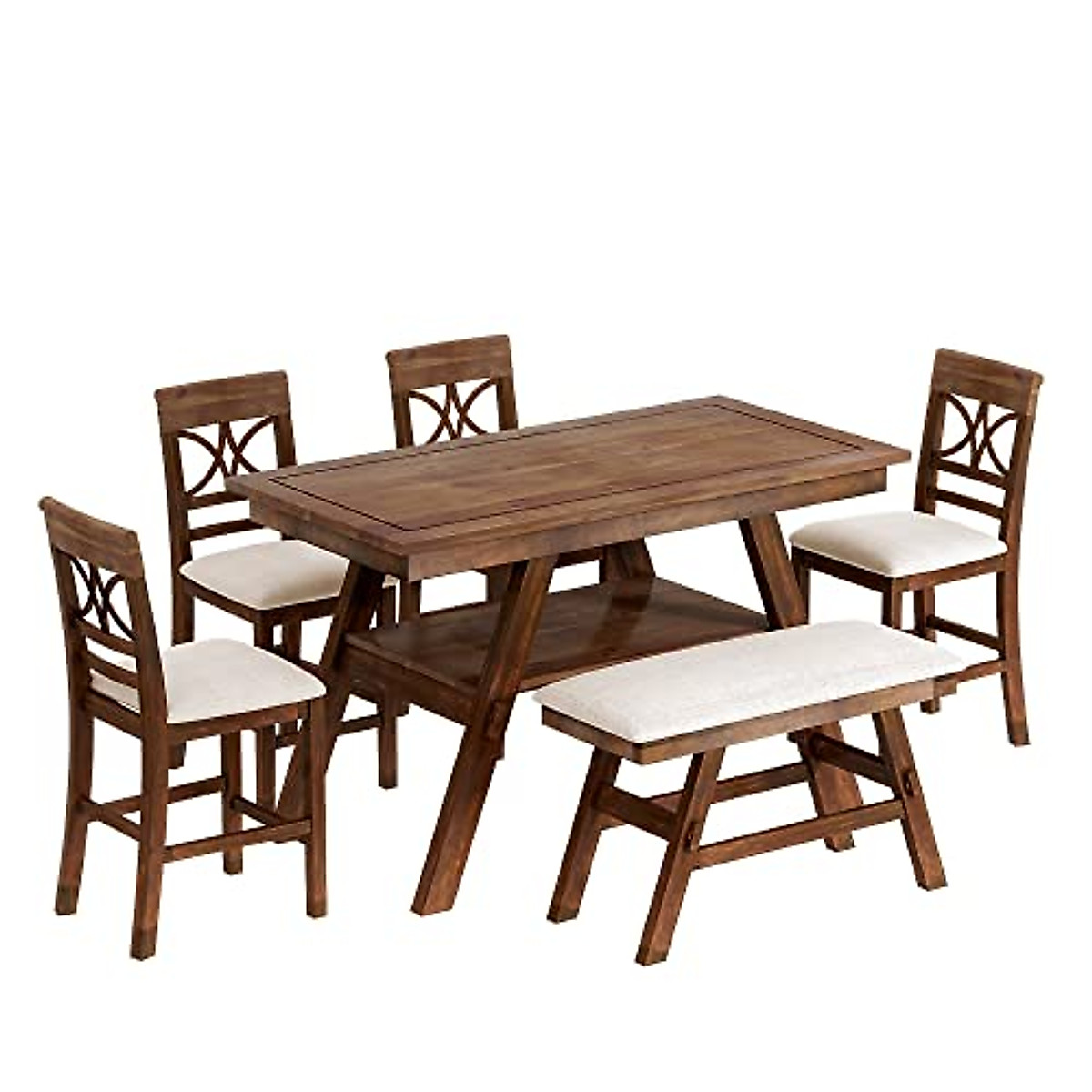 KLMM Modern Rustic 6 Piece Solid Wood Table Top Height Dining Set with Storage Shelf, Kitchen Table Set with Bench and 4 Chairs (Walnut#L-)