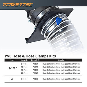 POWERTEC 2-1/2" x 20' Dust Collection Hose with 2pcs Key Hose Clamps for Table Saw, Band Saw, Planer, Belt Sander, Woodworking and Wood Shop Dust Collection System (70243)