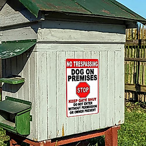IKYUEE Warning Tin Sign No Trespassing Dog on Premises Stop Keep gate Shut do not Enter Without Permission or Owner Present,Suitable for Garden Decoration