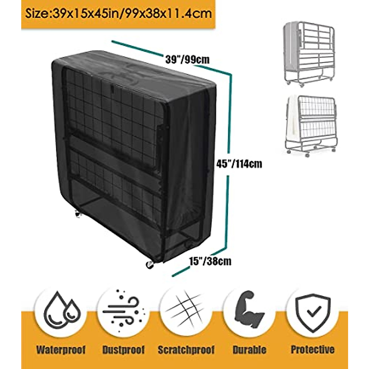 Universal Folding Bed Storage Cover 39" Lx 15 "W x 44.8 "H Rollaway Bed Storage Cover Fits Twin Size 38 Inch Beds Dustproof Guest Bed Protector with Zipper for Easy On and Off Black