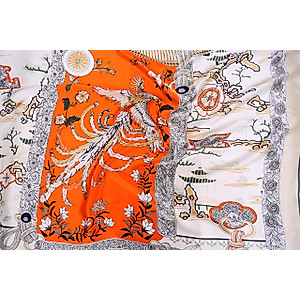 Grace Scarves 100% Silk Scarf, Extra-Large, Emperor's Phoenix, Ivory w Green Trim