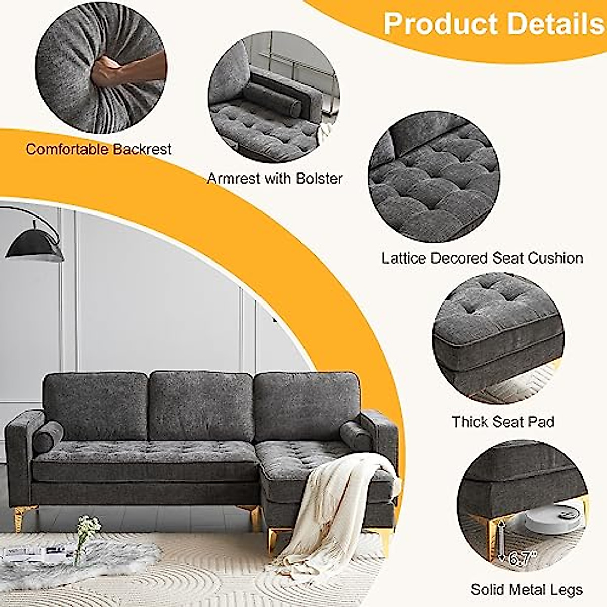 Imseigo 85”W Sectional Sofa Couch, L Shaped Couch with Reversible Chaise, Mid Century Modern 3-seat Sofa Chenille Couches for Living Room, Apartment, Office and Small Space (Dark Grey)