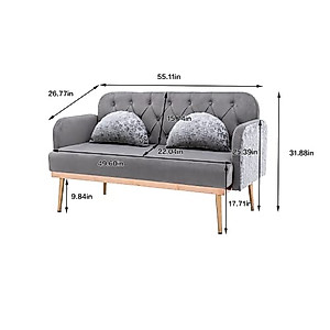55-inch Small Velvet Sofa with Two Elegant Moon Shape Pillows, Modern Twin Size Accent Sofa Couch with Golden Metal Legs & Tufted Backrest & Delicate Armrests, Loveseat Sofa for Living Room, Grey