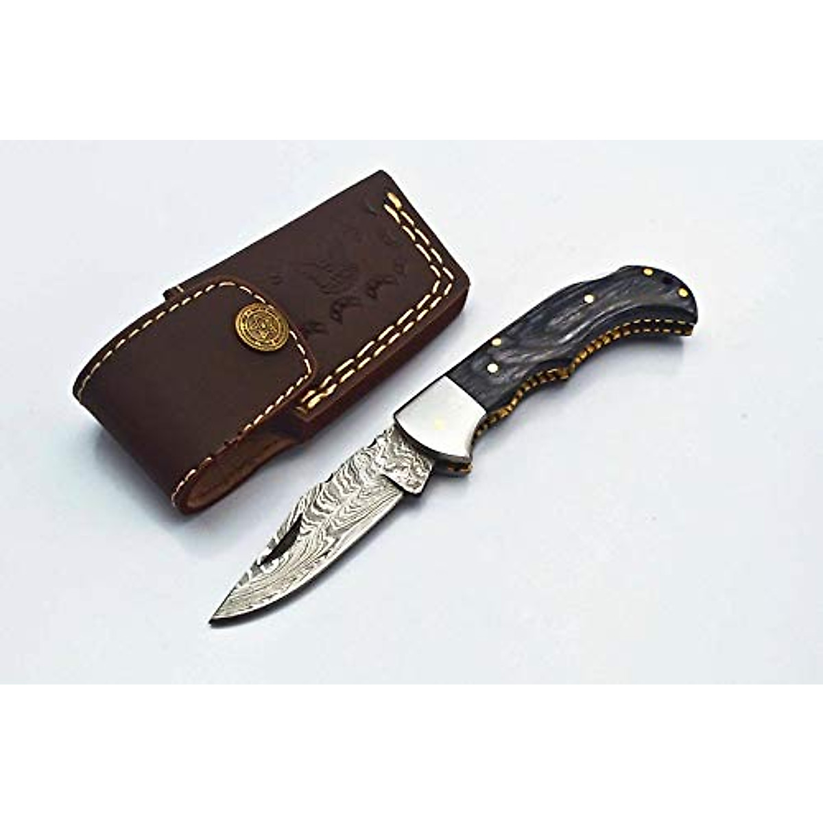 6.75'' Custom Hand Made Forged Knife Hunter Knife Damascus Steel Bowie Knife Handle Ironwood Folding with Leather Sheath