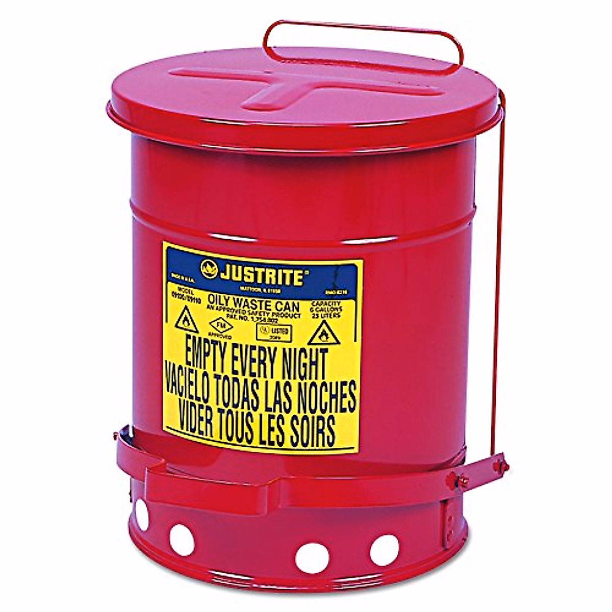 JUSTRITE 09100 Oily Waste Can, 6 gal, Red