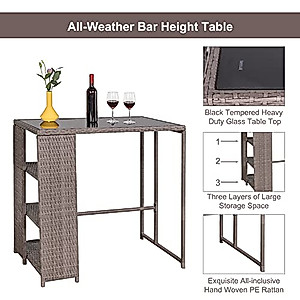 Sundale Outdoor 5 Piece Patio Bar Set, Counter Height Outside Rattan Dining Set, Garden High Top Gray Wicker Bar Height Set of 5, Galss Tabletop and Stools Furniture Set with Cushions, Steel