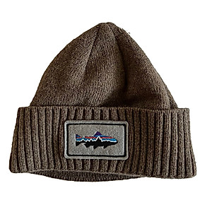 Patagonia Unisex Brodeo Beanie Hat One Size Recycled Wool Blend Skull (Heather Brown - Felt Fish Patch)