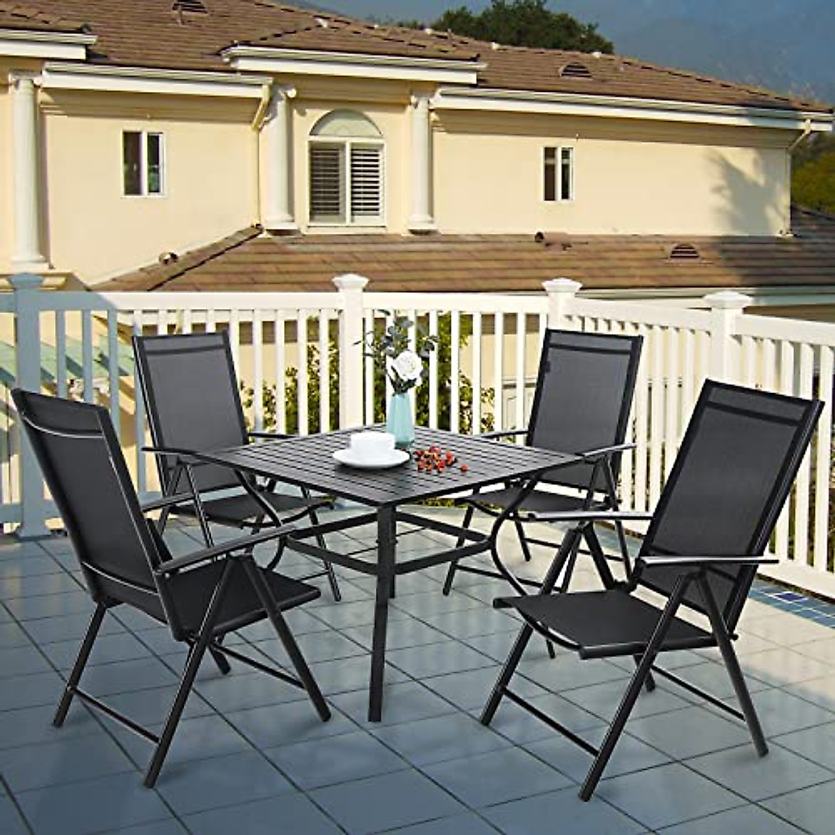 Sophia & William Patio Sling Dining Chairs Set of 2 Foldable and Portable, Outdoor High Back Folding Textilinene Chairs 7 Levels Adjustable for Porch Poolside Balcony Backyard, Black