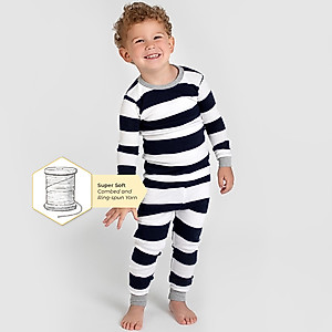 Burt's Bees Baby baby boys Pajamas, Tee Pant 2-piece Pj Set, 100% Organic Cotton and Toddler Pajama Bottoms, Midnight Rugby Stripe, 4T US