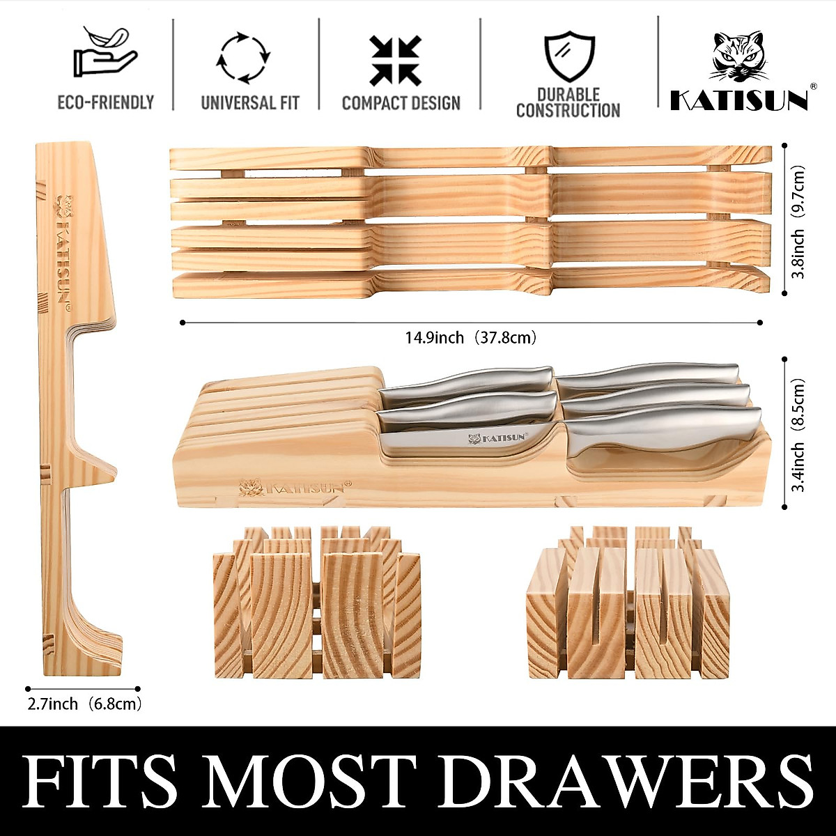 KATISUN Kitchen Knife Set, 6 Pieces Knife Block Sets with Pine Knives Drawer Organizer, Perfect for Home and Chefs, Premium Knife Holder, Gift for Holiday and Housewarming
