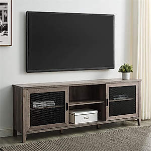Walker Edison Farmhouse Sliding Mesh Barn Door 70" Industrial TV Stand Console in Rustic Grey Wash