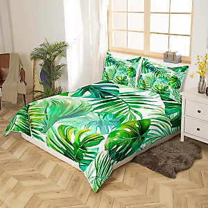 Summer Leaves 100% Nature Cotton Duvet Cover Twin Size,Tropical Palm Leaves Botanic Plants Super Soft Bedding Set,Seaside Camping Green Leaves Comforter Cover Bedding 2 Piece (No Comforter)