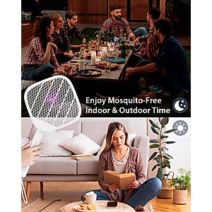 Electric Fly Swatter Foldable, Powerful 4000V Bug Zapper Racket, Mosquito Killer w/Purple Light, Rechargeable 1200mAh Insect Killer, 3-Layer Safe Design, Hanging Standing Portable for Indoor Outdoor