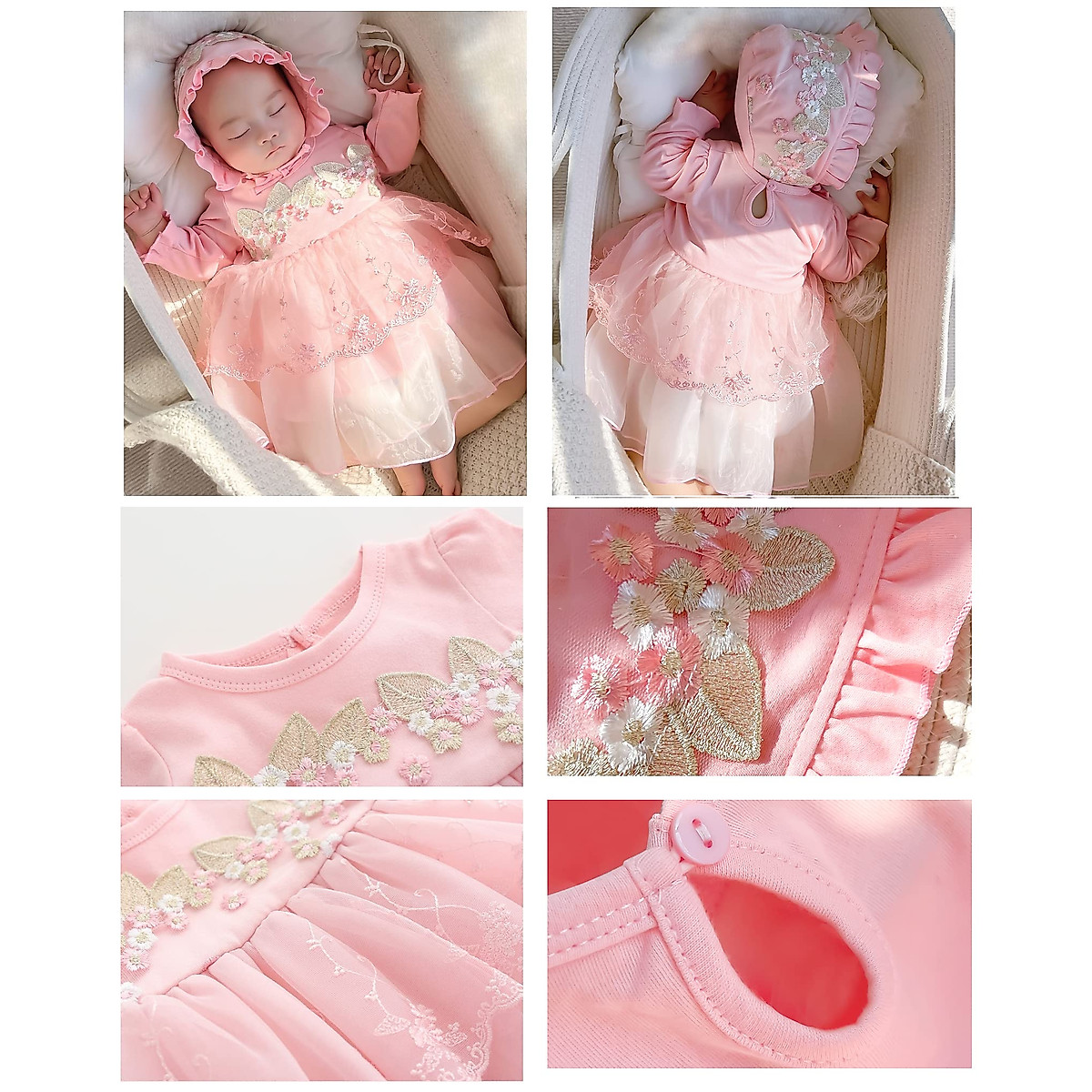 foohinck Newborn Baby Girl Dress Clothes 0 3 6 Months Princess Pink Dress White Baptism Outfit Party Dress Hat Shoes Set (Pink 3, 0-3 Months)