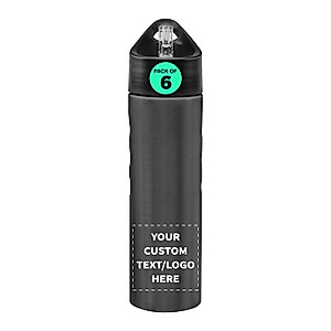 DISCOUNT PROMOS Custom Slim Stainless Steel Water Bottles 25 oz, 6 pack, Personalized Text, Logo, Reusable Gym Sports Bulk Pack, Charcoal