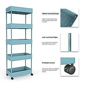Generic 5-Tier Slide Out Storage Cart Mobile Slim Rolling Trolley on Wheels Space-Saving Shelf for Narrow Gap, Kitchen, Bathroom (Blue)