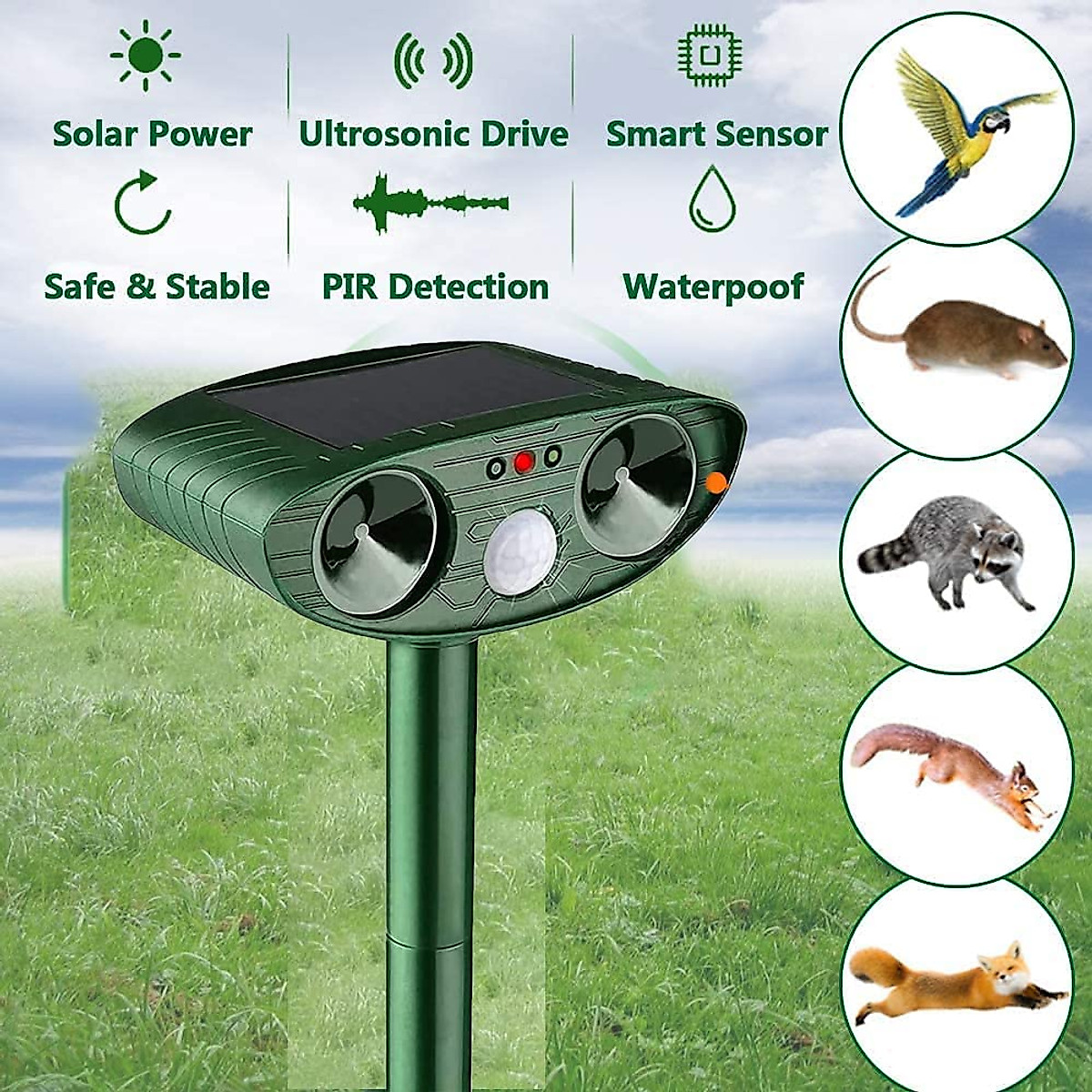 2023 Solar Ultrasonic in Repellent Defender Rat, Squirrel, Deer, Raccoon, Skunk, Rabbit, Mole, Dog, Cat, Waterproof with Motion Detector Green1