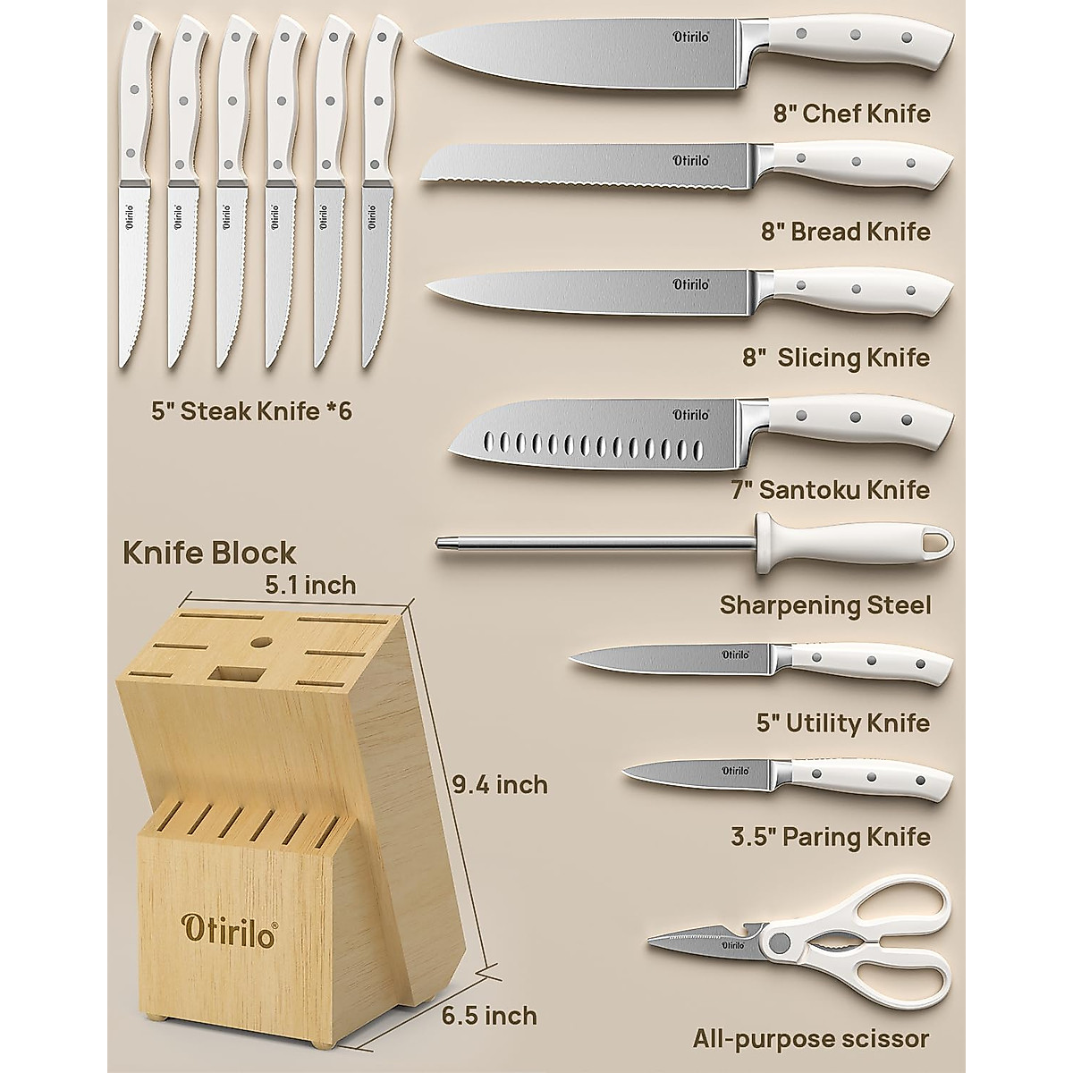 Knife Sets for Kitchen with Block 15-Piece, Otirilo Kitchen Knife Set High Carbon Stainless Steel Cooking Knife Set, Triple Riveted Forged Handle, Razor-Sharp Chef's Knife Set with Sharpener