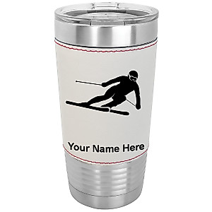LaserGram 20oz Vacuum Insulated Tumbler Mug, Skier Downhill, Personalized Engraving Included (Faux Leather, Baseball Style)