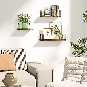 SRIWATANA Rustic Floating Shelves Wall Mount Set of 3, Hanging Wall Shelves, 17 Inch Wood Storage Shelves for Decor, Bedroom, Bathroom, Laundry Room, Living Room, Kitchen, Office - Light Walnut