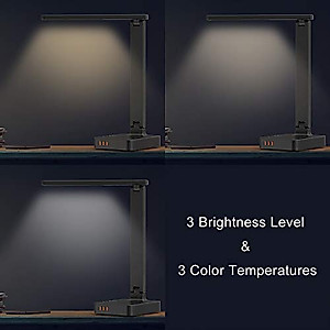 cozoo LED Desk Lamp with 3 USB Charging Ports and 2 AC Outlets,3 Color Temperatures & 3 Brightness Levels, Touch/Memory/Timer Function,10W Eye Protection Foldable Reading Light,Study Lamp for College